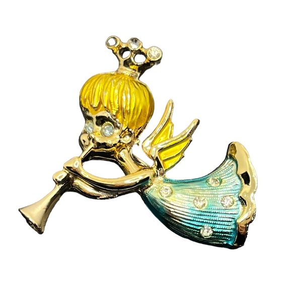 Jewelry | Vintage Gold Tone Angel Child Rhinestone Blue Enamel Trumpet ...